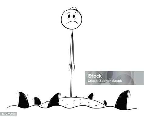 Orang Berdiri Sendirian Di Pulau Yang Dibagi Oleh Lautan Hiu Ilustrasi Gambar Tongkat Kartun
