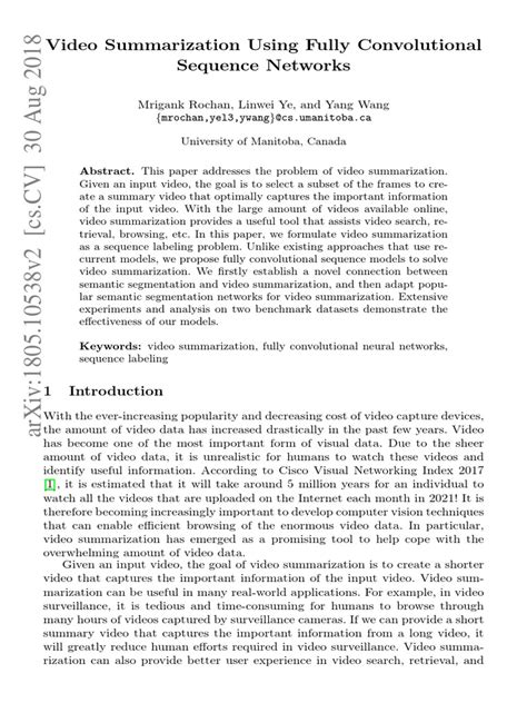 Video Summarization Using Fully Convolutional Sequence Networks Pdf