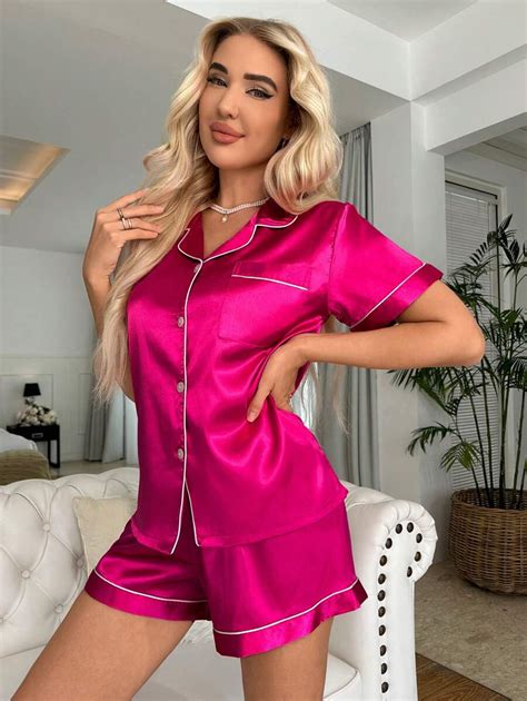 Satin Lapel Collar Button Front Contrast Binding Pj Set Pajama Set Shein Usa
