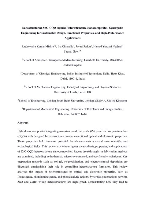Pdf Nanostructured Zno Cqd Hybrid Heterostructure Nanocomposites Synergistic Engineering For