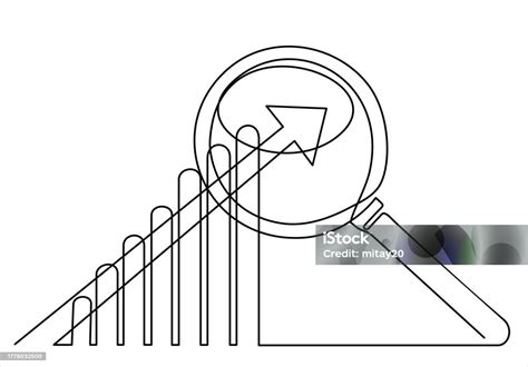 증가하는 화살표 막대 그래프 및 돋보기의 연속 한 선 그리기 데이터 분석 검색 손으로 그린 디자인 벡터 일러스트 레이 션 한붓그리기에 대한 스톡 벡터 아트 및 기타 이미지