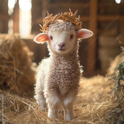 A Young Lamb Wearing A Gold Crown Of Thorn Branches Standing In A Barn