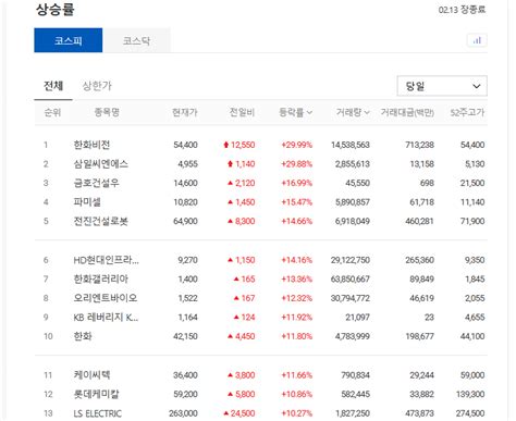 2025년 2월 13일 시간외 상승종목 시간외 상한가 단일가 거래량 상위 특징주
