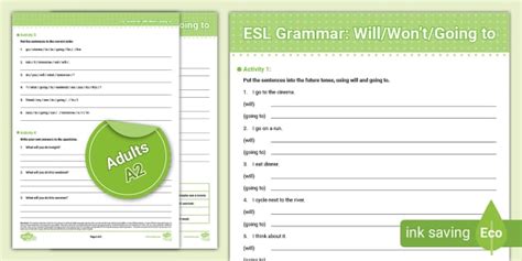 Esl Will And Wont Grammar Sheet Adults A2 Teacher Made