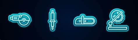 목공용 앵글 그라인더 납땜 인두 전기톱 및 테이블을 설정합니다 빛나는 네온 아이콘입니다 벡터 각도에 대한 스톡 벡터 아트 및 기타 이미지 Istock