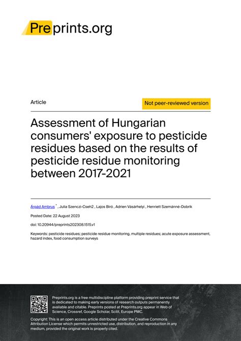 Pdf Assessment Of Hungarian Consumers Exposure To Pesticide Residues Based On The Results Of