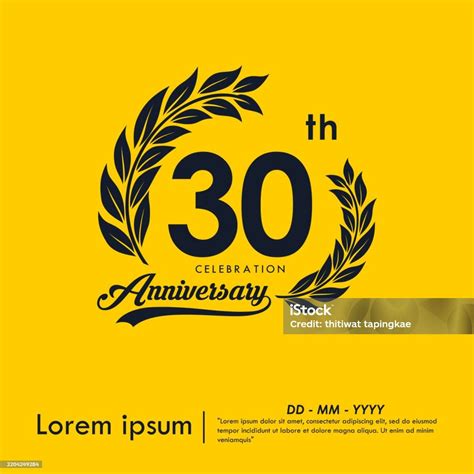 창립 30주년 기념 엠블럼 기념일 로고는 노란색 배경에 월계관과 리본으로 격리되어 있습니다 웹 전단지 포스터 인사말 카드에 대한 벡터 일러스트 레이 션 템플릿 디자인 30에