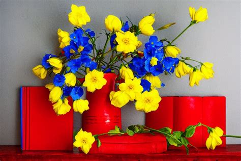 Lexica Red Book And Yellow Vase With Blue Flowers Photo