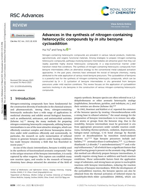 Pdf Advances In The Synthesis Of Nitrogen Containing Heterocyclic Compounds By In Situ Benzyne