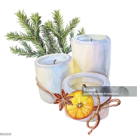 과일 오렌지와 전나무 또는 소나무 가지가 흰색 배경에 고립 된 수채화 촛불 새해 향기로운 조미료 향신료 겨울 카드에 대 한 손으로 그린 크리스마스 음식 메뉴 또는 줄 바꿈을