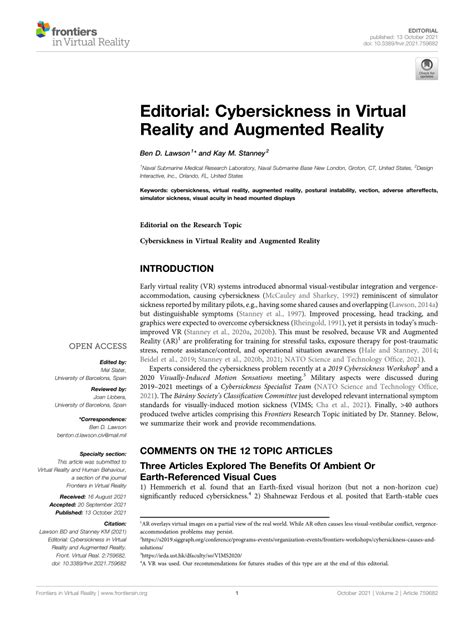 Pdf Editorial Cybersickness In Virtual Reality And Augmented Reality