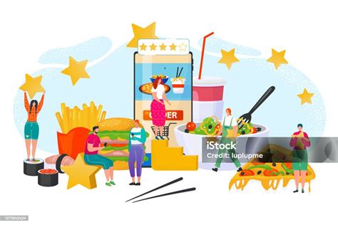 레스토랑 컨셉 벡터 일러스트레이션에서 온라인 주문을 위한 인터넷 모바일 앱 스마트폰의 음식 배달 서비스 등급 가공의 인물에 대한