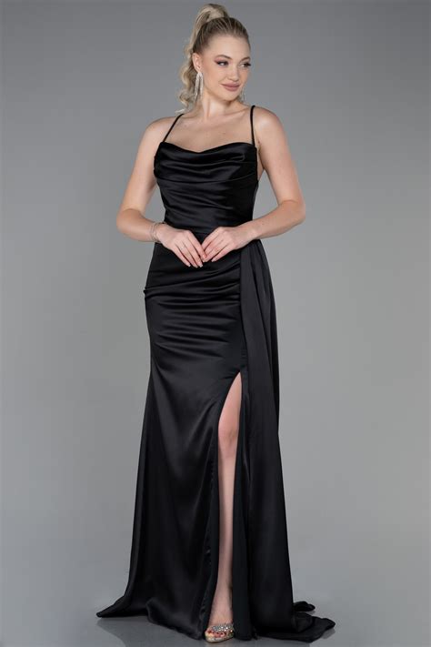 Long Black Satin Prom Gown Abu3267