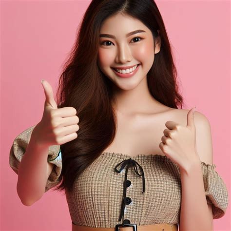 Premium Photo Portrait Happy Asian Cute Woman Shows Thumb Up And Looking At The Camera On Pink