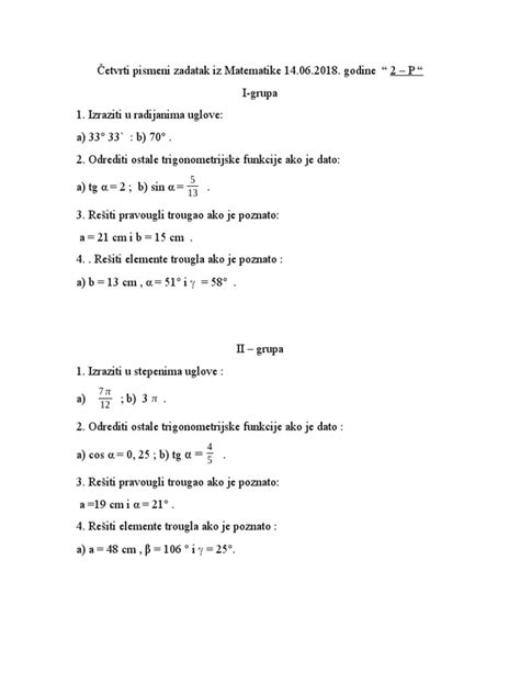 Četvrti Pismeni Zadatak Iz Matematike 2 P Pdf