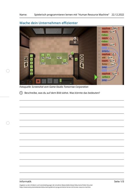 Arbeitsblatt Spielerisch Programmieren Lernen Mit Human Resource