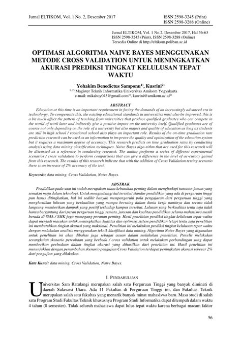 PDF Optimasi Algoritma Naive Bayes Menggunakan Metode Cross Validation Untuk Meningkatkan