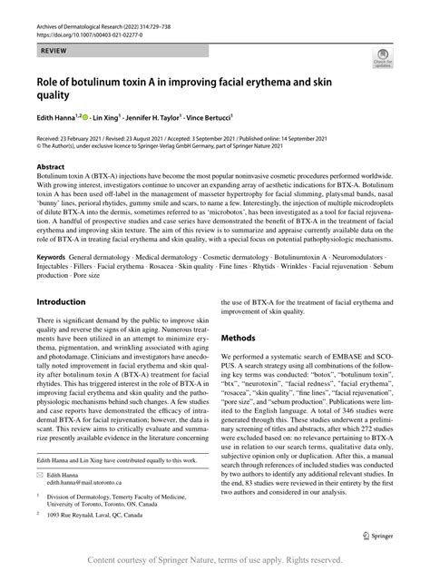 Role Of Botulinum Toxin A In Improving Facial Erythema And Skin Quality Request Pdf