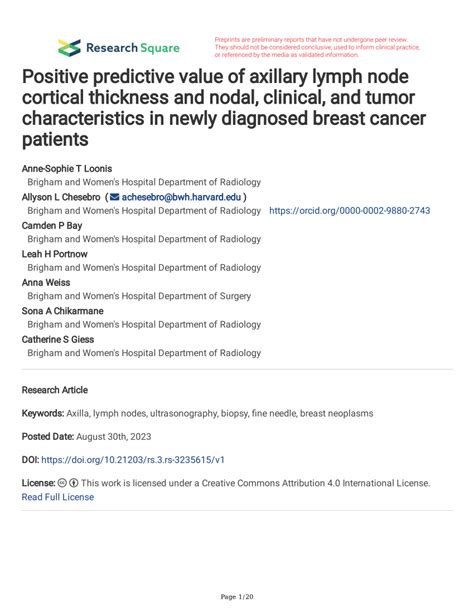 Pdf Positive Predictive Value Of Axillary Lymph Node Cortical Thickness And Nodal Clinical