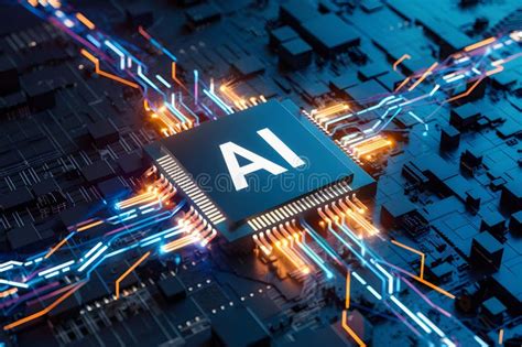 Futuristic Landscape Ai Chip Surrounded By Vibrant Circuitry Digital Cityscape Backdrop Stock