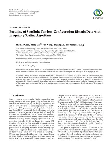 Pdf Focusing Of Spotlight Tandem Configuration Bistatic Data With Frequency Scaling Algorithm