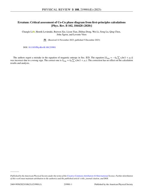 Pdf Erratum Critical Assessment Of Co Cu Phase Diagram From First