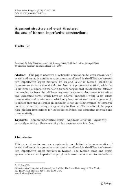 Pdf Argument Structure And Event Structure The Case Of Korean Imperfective Constructions