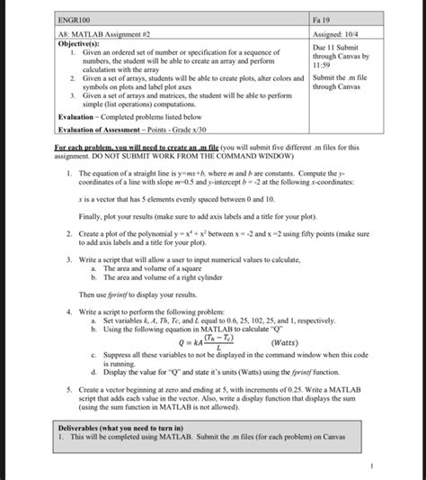 Solved Engr 100 Fa 19 A8 Matlab Assignment 2 Objectives