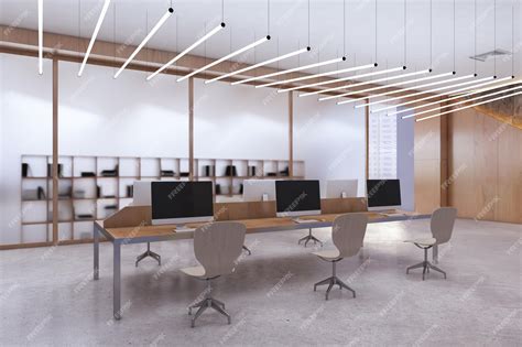 Роскошный бетонный и деревянный коворкинг интерьер офиса с окном и видом на город пустые