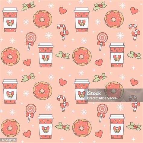 커피 도너츠 사탕 지팡이 별 눈송이 사탕 및 하트와 귀여운 원활한 벡터 패턴 배경 그림 12월에 대한 스톡 벡터 아트 및 기타 이미지 Istock