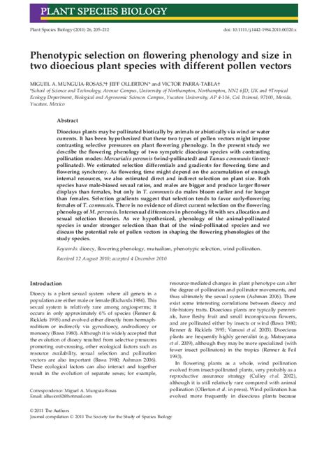 Pdf Phenotypic Selection On Flowering Phenology And Size In Two Dioecious Plant Species With
