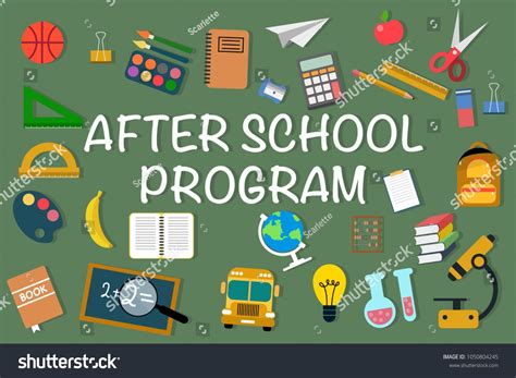 Set Of School Items Icons With Text After School Program On Green Eps