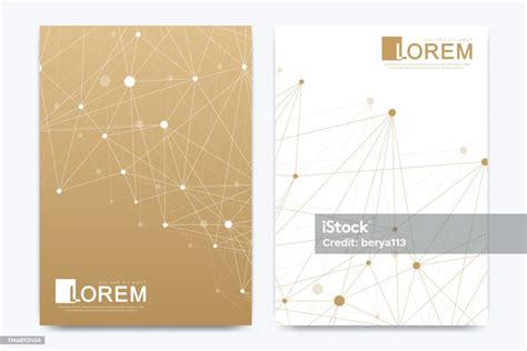 브로셔 전단지 전단지 표지 배너 카탈로그 잡지 또는 A4 크기의 연례 보고서에 대 한 최신 벡터 템플릿입니다 미래 지향적 인 과학 기술 설계 기하학적 그래픽 배경 분자 금