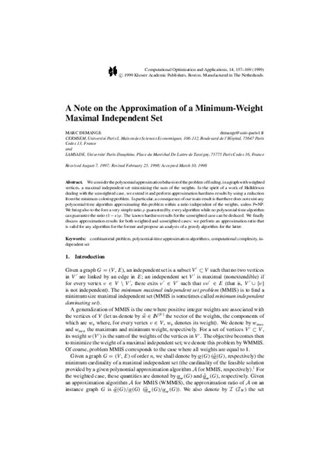 Pdf A Note On The Approximation Of A Minimum Weight Maximal Independent Set