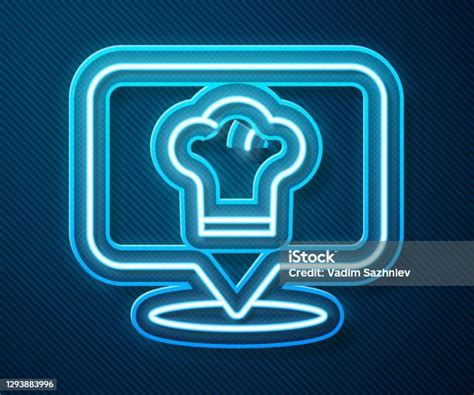 파란색 배경에 고립 된 위치 아이콘이있는 빛나는 네온 라인 Chef 모자 요리 기호 모자를 요리합니다 벡터 등고선에 대한 스톡 벡터 아트 및 기타 이미지 Istock