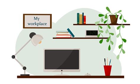 직장 데스크톱 사무실의 현대적인 인테리어 컴퓨터가 있는 사무실입니다 플랫 만화 스타일의 다채로운 벡터 일러스트레이션 가구에 대한 스톡 벡터 아트 및 기타 이미지 Istock