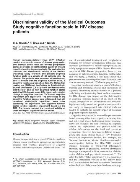 Pdf Discriminant Validity Of The Medical Outcomes Study Cognitive