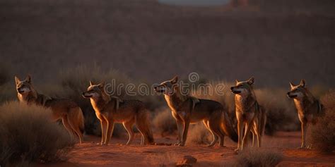 A Pack Of Coyotes Howling In The Desert At Dusk Concept Of Wilderness