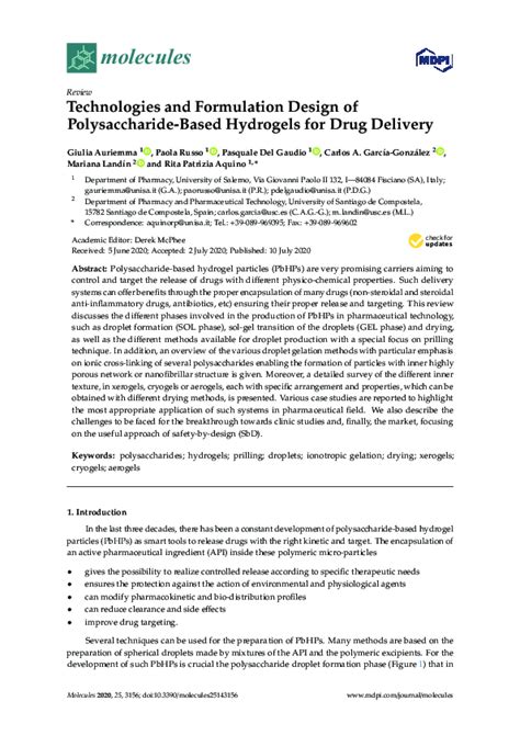 Pdf Technologies And Formulation Design Of Polysaccharide Based Hydrogels For Drug Delivery