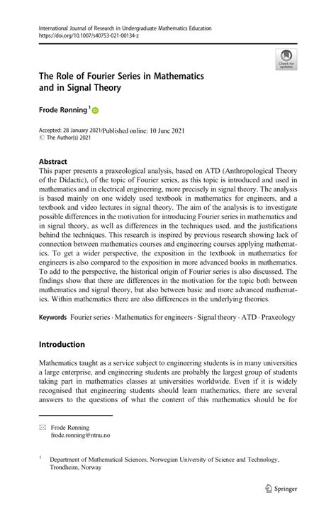Pdf The Role Of Fourier Series In Mathematics And In Signal Theory