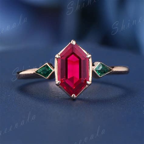 Emerald And Ruby Engagement Ring Hexagon Cut Gemstone Rings Rose Gold Kite Cut Emerald Art Deco