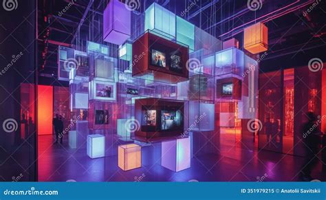 Floating Cubes With Abstract Text And Media Icons Create An Immersive Modern Art Installation In