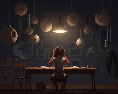 Premium AI Image Female Working In A Room Over A Table With Thought Blob Hanging Above Her Head