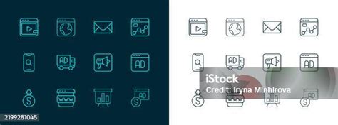 라인 시장 분석 브라우저 창 메가폰 그래프 차트가있는 보드 광고 트럭 메일 및 이메일 비디오 광고 및 전세계 아이콘을 설정합니다 벡터 0명에 대한 스톡 벡터 아트 및 기타