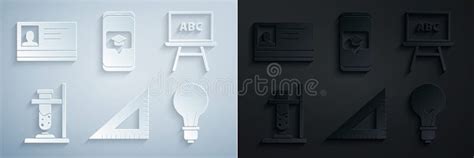 Set Triangular Ruler Chalkboard Glass Test Tube Flask On Fire Light Bulb With Concept Of Idea