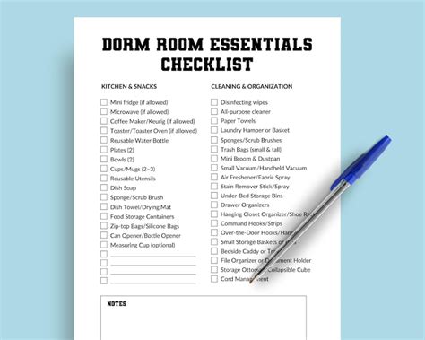 Dorm Room Essentials Checklist College Packing List Printable Pdf Etsy