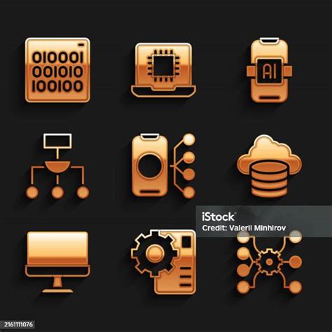 신경망 클라우드 데이터베이스 컴퓨터 모니터 알고리즘 인공 지능 Ai 및 바이너리 코드 아이콘을 설정합니다 벡터 개념에 대한 스톡
