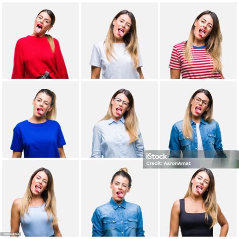혀를 집어 넣는 절연된 배경 위에 아름 다운 젊은 여자의 콜라주 행복 재미 있는 표현을 밖으로 감정 개념입니다 감정에 대한 스톡 사진 및 기타 이미지 Istock