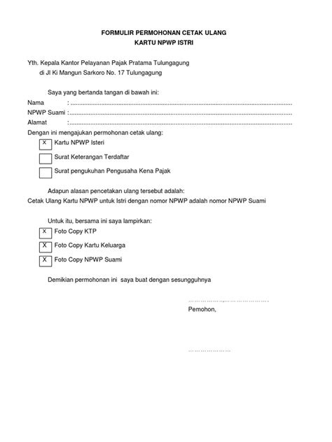 09 Formulir Permohonan Cetak Ulang Npwp Istri Pdf