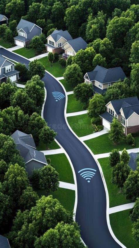 Aerial View Of Suburban Homes With Visible Wi Fi Signals Indicating